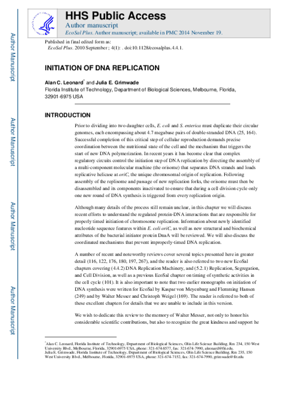 (PDF) Initiation of DNA Replication