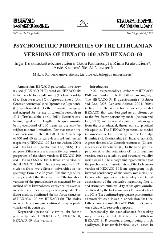 (PDF) Psychometric properties of the Lithuanian versions of hexaco-100 ...