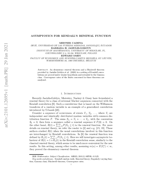 (PDF) Asymptotics for Kendall's renewal function