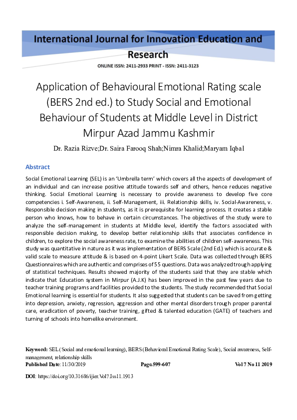 (PDF) Application of Behavioural Emotional Rating scale (BERS 2nd ed ...