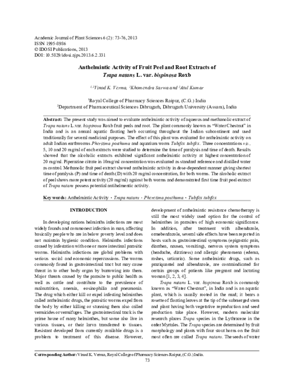 (PDF) Anthelmintic Activity of Fruit Peel and Root Extracts of Trapa ...