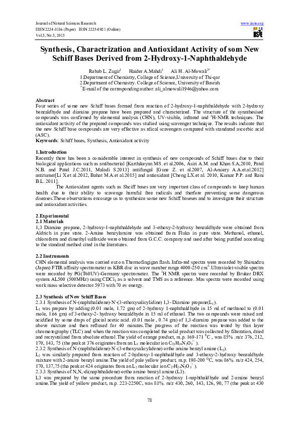 (PDF) Synthesis, Charactrization and Antioxidant Activity of som New Schiff Bases derived from 2 ...