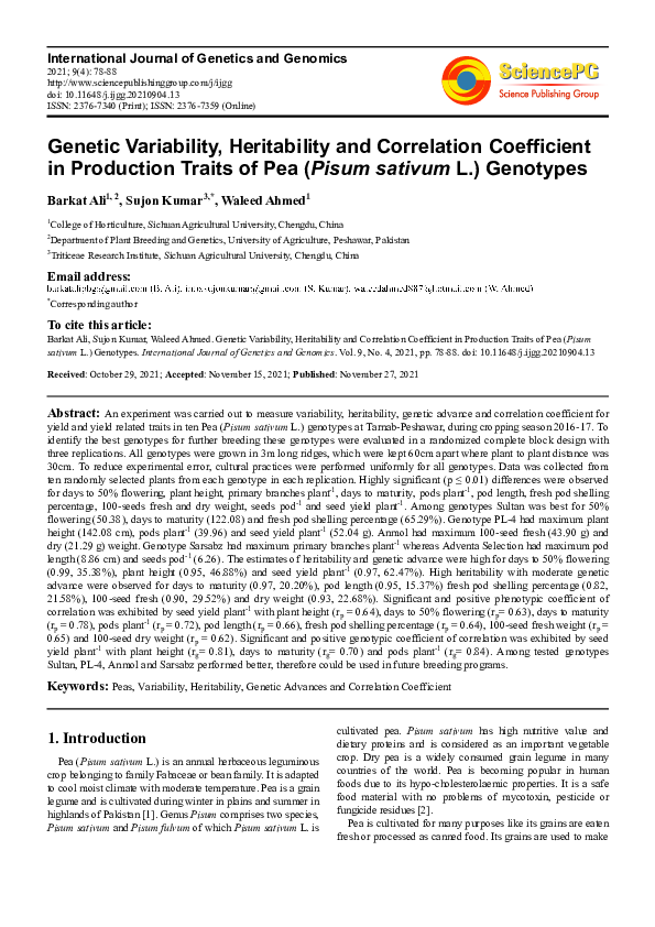 (PDF) Genetic Variability, Heritability and Correlation Coefficient in Production Traits of Pea ...