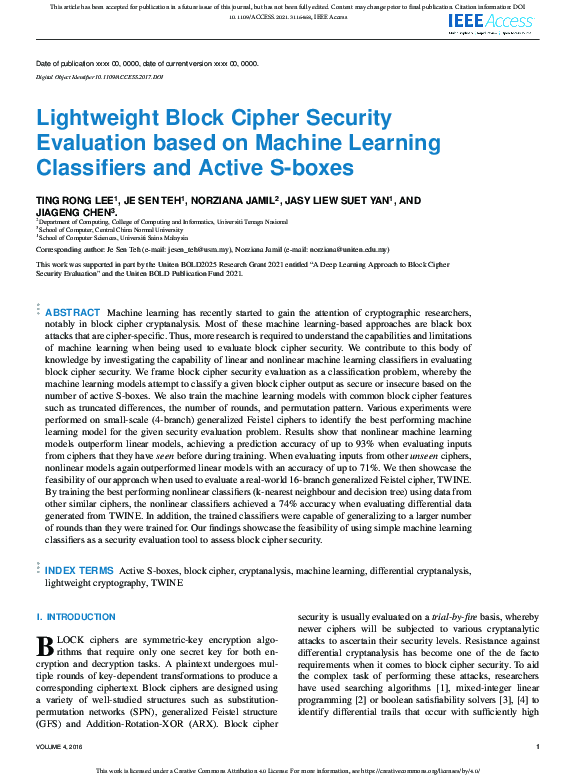 (PDF) Assessing Block Cipher Security using Linear and Nonlinear Machine Learning Models