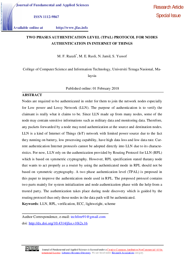 (PDF) Two Phases Authentication Level (Tpal) Protocol for Nodes Authentication in Internet of Things