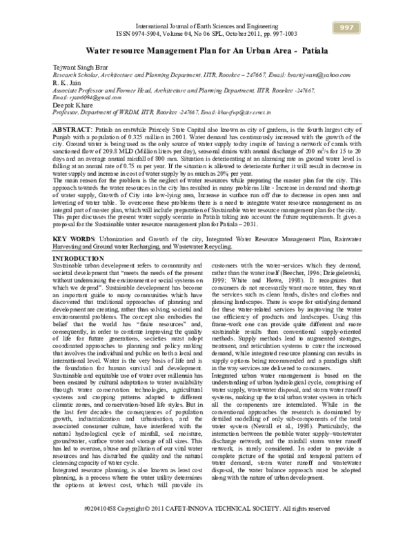 (PDF) Water resource Management Plan for An Urban Area-Patiala