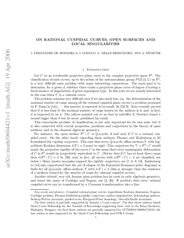 (PDF) On rational cuspidal curves, open surfaces and local singularities