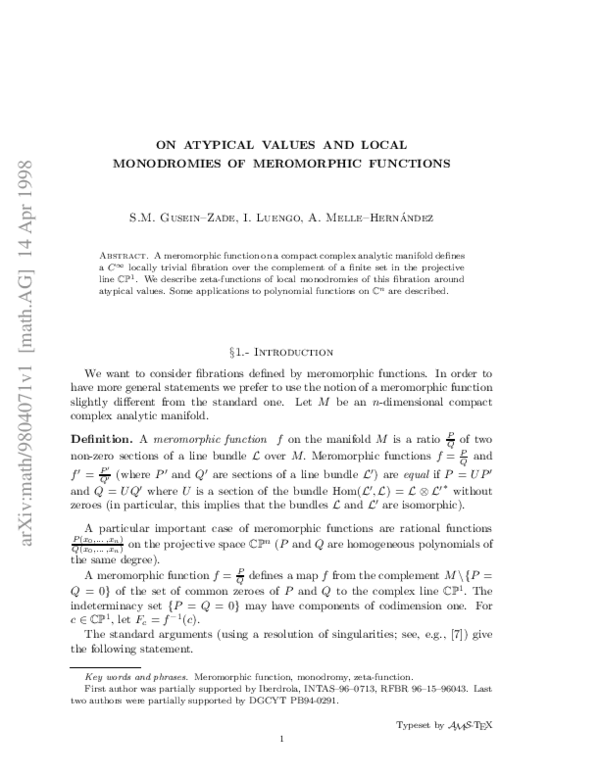 (PDF) On atypical values and local monodromies of meromorphic functions