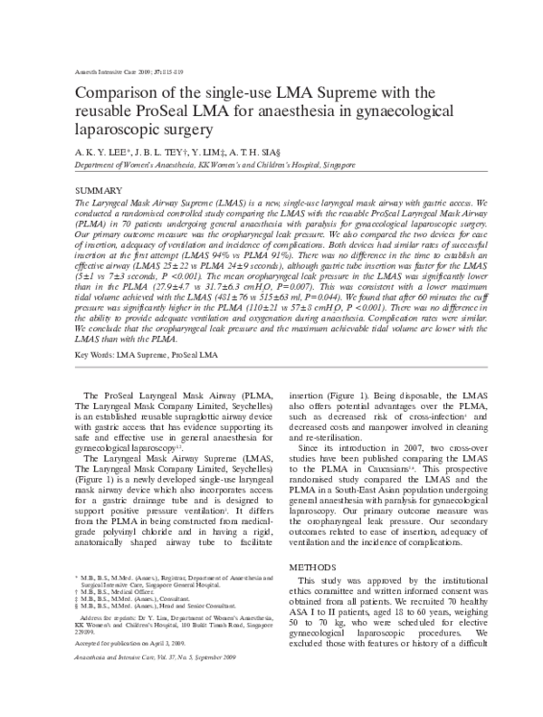 (PDF) Comparison of the single-use LMA supreme with the reusable ...
