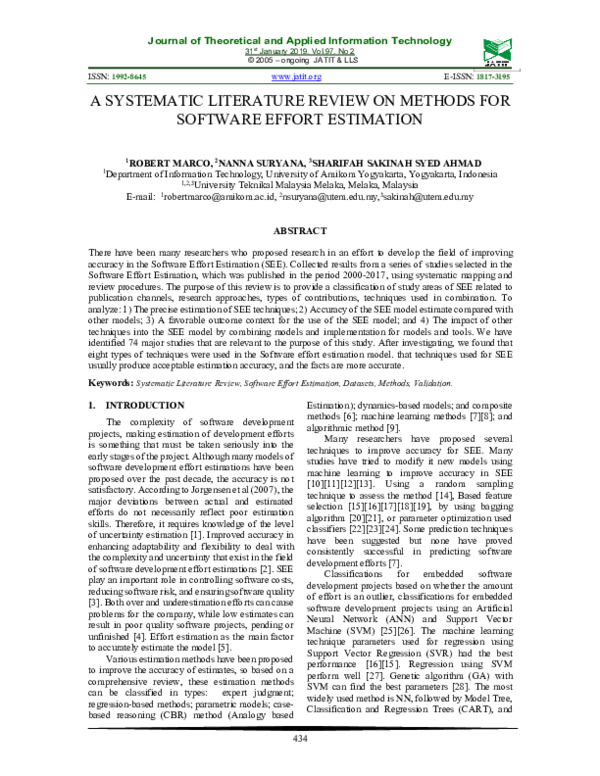 Pdf A Systematic Literature Review On Methods For Software Effort Estimation