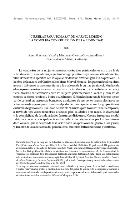 (PDF) “Ciruelas Para Tomasa” De Marvel Moreno: La Compleja Construcción De La Feminidad