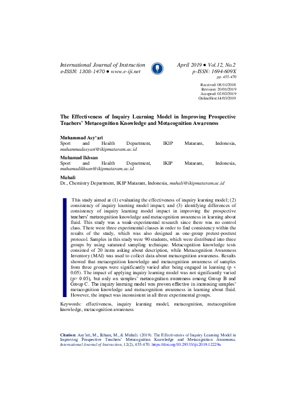 (PDF) The Effectiveness of Inquiry Learning Model in Improving Prospective Teachers ...