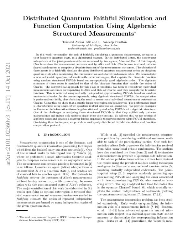 (PDF) Distributed Quantum Faithful Simulation and Function Computation Using Algebraic ...