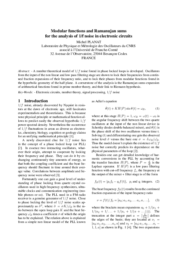(PDF) Modular functions and Ramanujan sums for the analysis of 1/f noise in electronic circuits