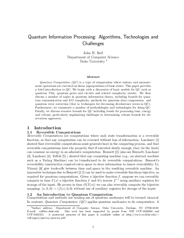 (PDF) Quantum Information Processing : Algorithms , Technologies and Challenges