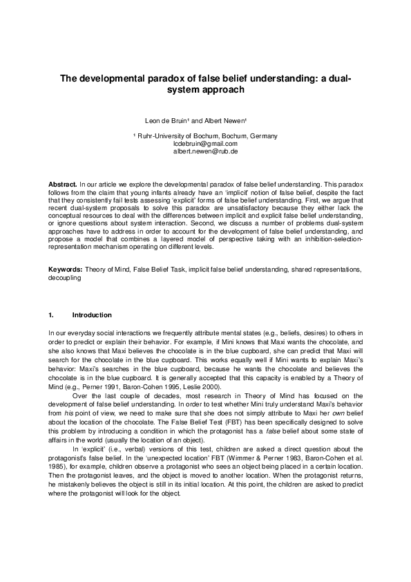(PDF) The developmental paradox of false belief understanding : a dual ...