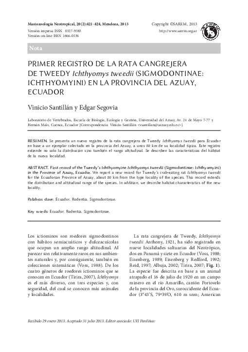 (PDF) PRIMER REGISTRO DE LA RATA CANGREJERA DE TWEEDY Ichthyomys ...
