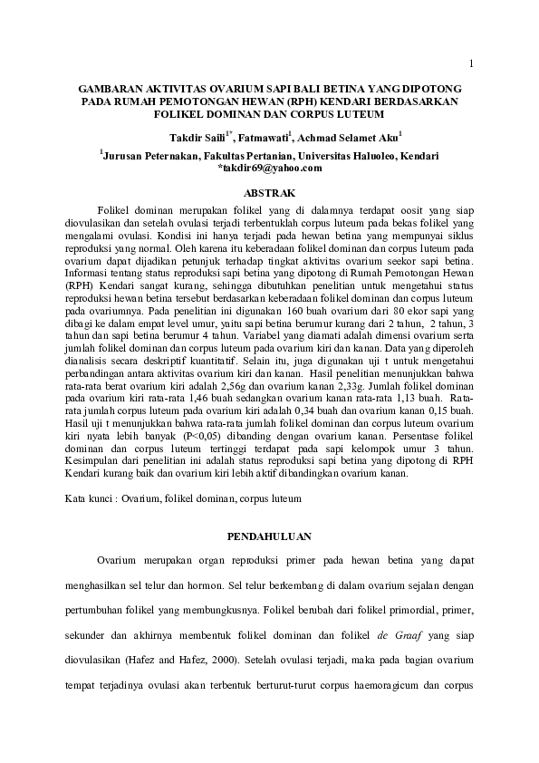 (PDF) Gambaran Aktivitas Ovarium Sapi Bali Betina Yang Dipotong Pada ...