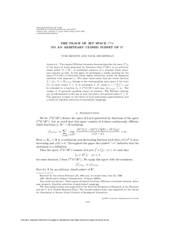 (PDF) The trace of jet space $J^k\Lambda ^\omega $ to an arbitrary closed subset of $R^n$