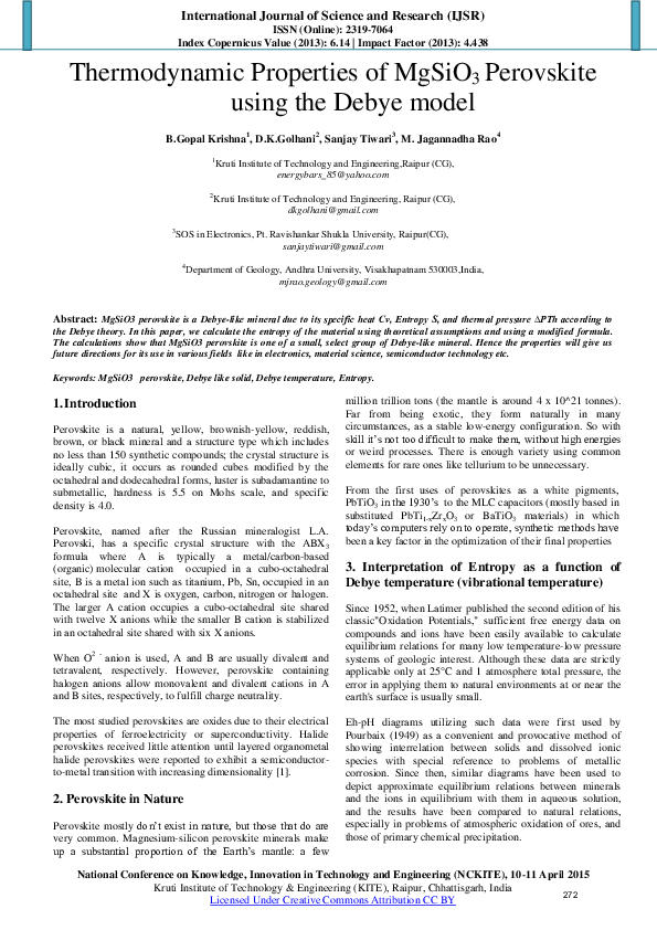 (PDF) Thermodynamic Properties of MgSiO3 Perovskite using the Debye model