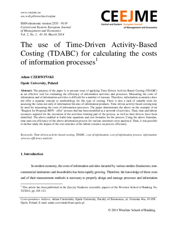 (PDF) The use of Time-Driven Activity-Based Costing (TDABC) for calculating the costs of ...
