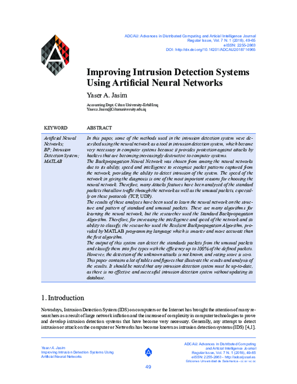 (PDF) Improving Intrusion Detection Systems Using Artificial Neural Networks