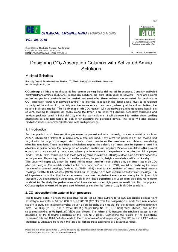 (PDF) Designing CO 2 Absorption Columns with Activated Amine Solutions