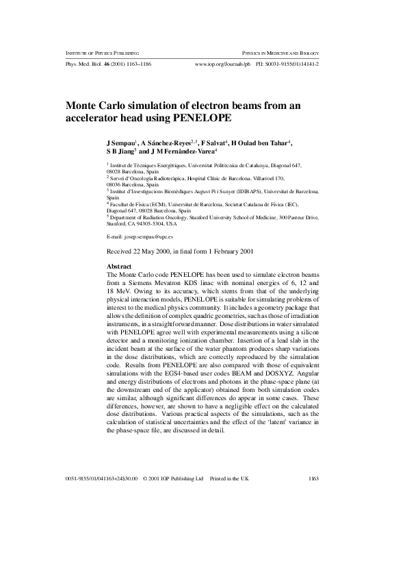 (PDF) Monte Carlo simulation of electron beams from an accelerator head using PENELOPE