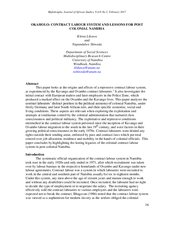(PDF) Okaholo: Contract labour system and lessons for post colonial Namibia