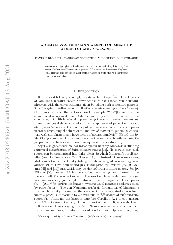 (PDF) Abelian von Neumann algebras, measure algebras and L^\infty-spaces