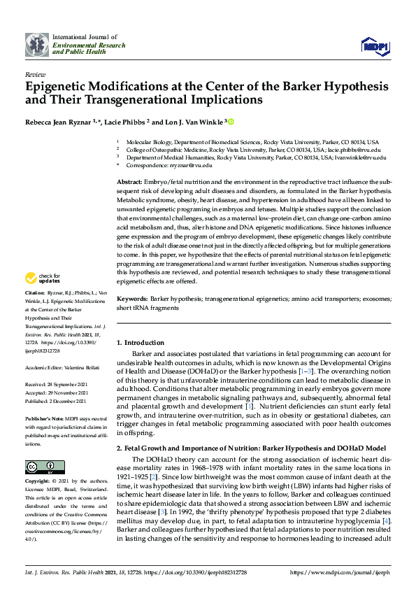 (PDF) Epigenetic Modifications at the Center of the Barker Hypothesis ...