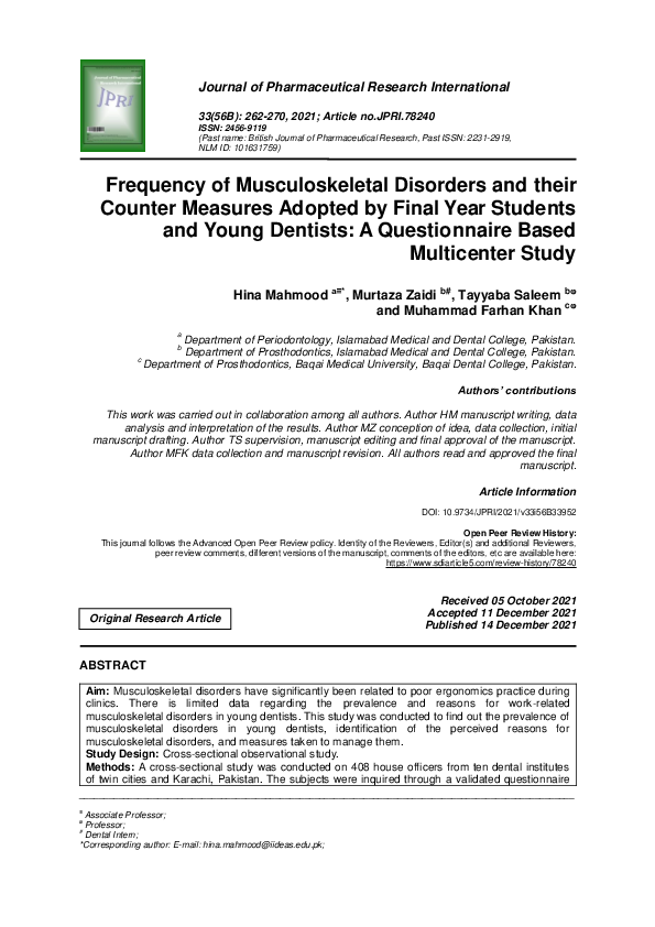 (PDF) Frequency of Musculoskeletal Disorders and their Counter Measures ...