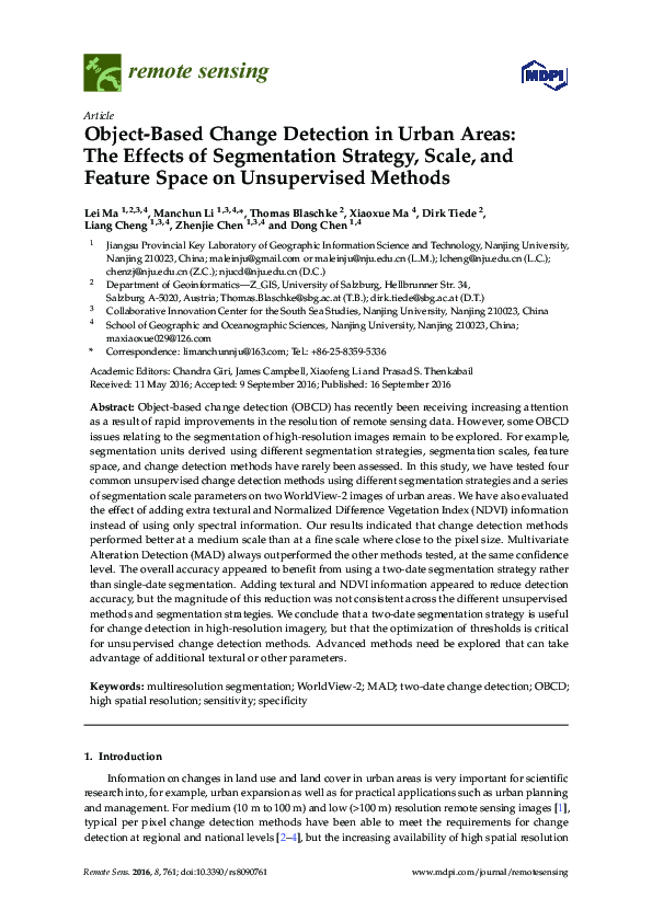 (PDF) Object-Based Change Detection in Urban Areas: The Effects of Segmentation Strategy, Scale ...