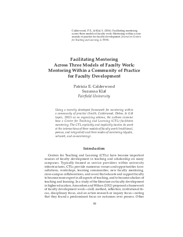 (PDF) Facilitating Mentoring Across Three Models of Faculty Work ...