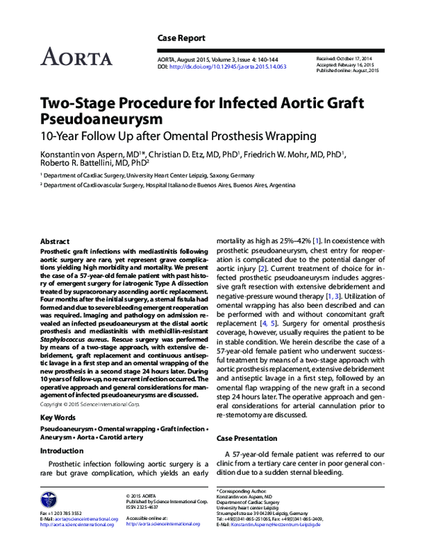 (PDF) Two-Stage Procedure for Infected Aortic Graft Pseudoaneurysm: 10 ...