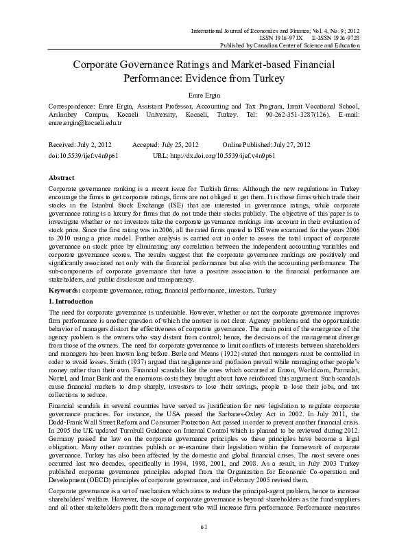 (PDF) Corporate Governance Ratings and Market-based Financial Performance: Evidence from Turkey ...