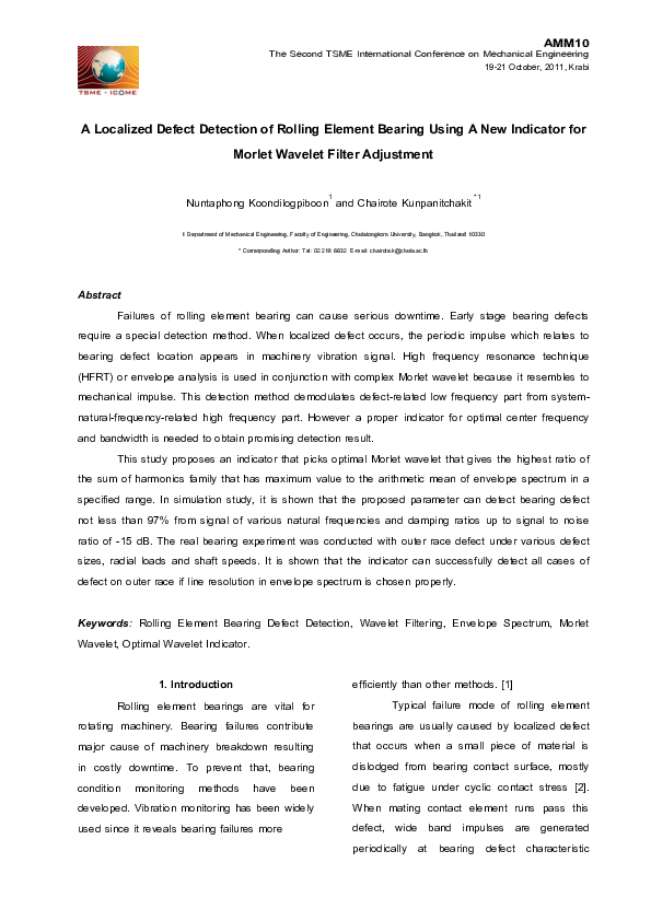 Pdf A Localized Defect Detection Of Rolling Element Bearing Using A New Indicator For Morlet 