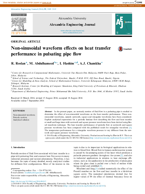 (PDF) Non-sinusoidal waveform effects on heat transfer performance in pulsating pipe flow
