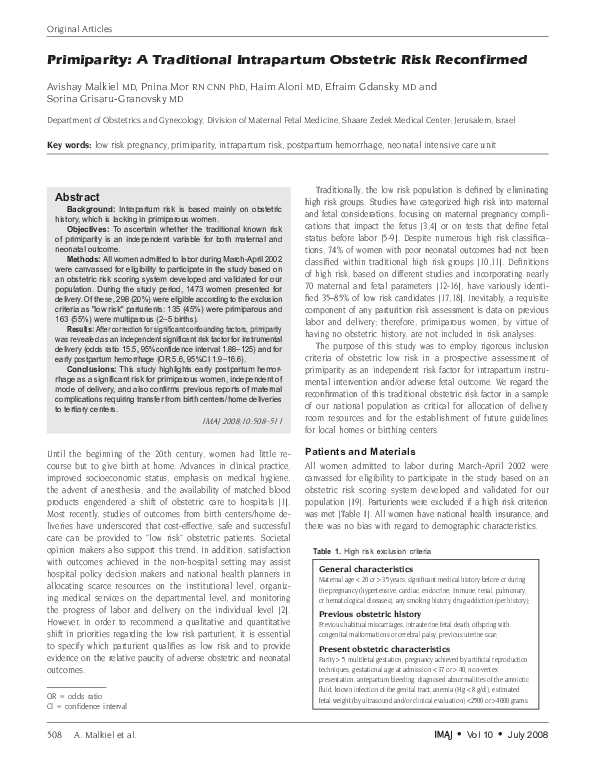 (PDF) Primiparity: a traditional intrapartum obstetric risk reconfirmed
