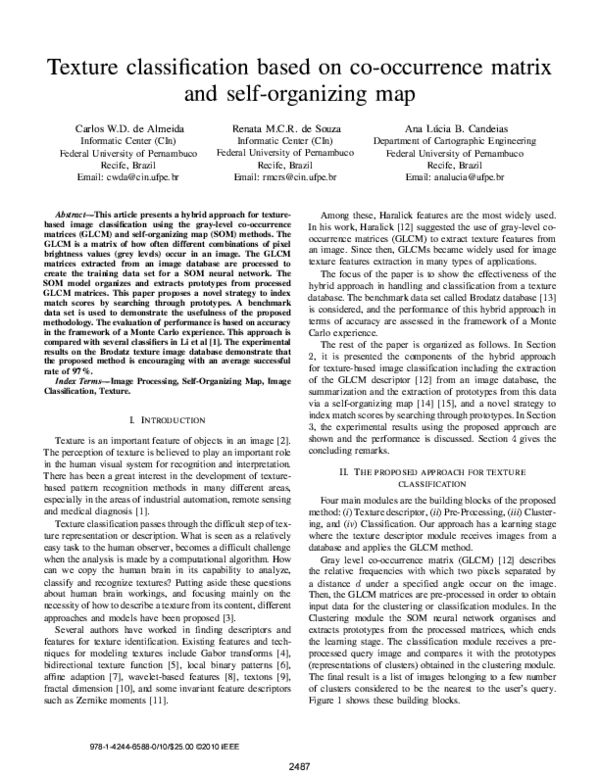 (PDF) Texture classification based on co-occurrence matrix and self-organizing map