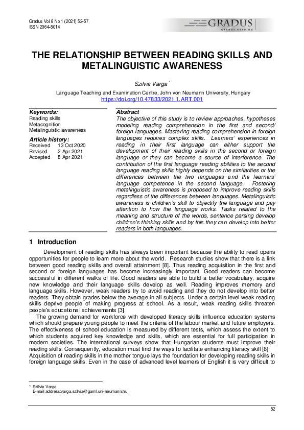 Pdf The Relationship Between Reading Skills And Metalinguistic Awareness