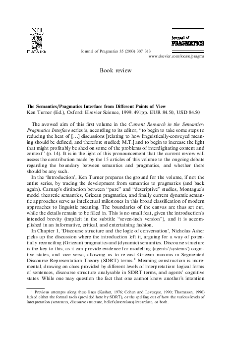 (PDF) The Semantics/Pragmatics Interface from Different Points of View: Ken Turner (Ed.), Oxford ...