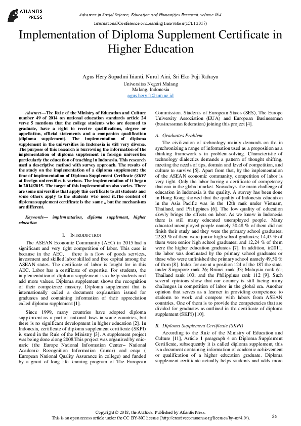 (PDF) Implementation of Diploma Supplement Certificate in Higher Education