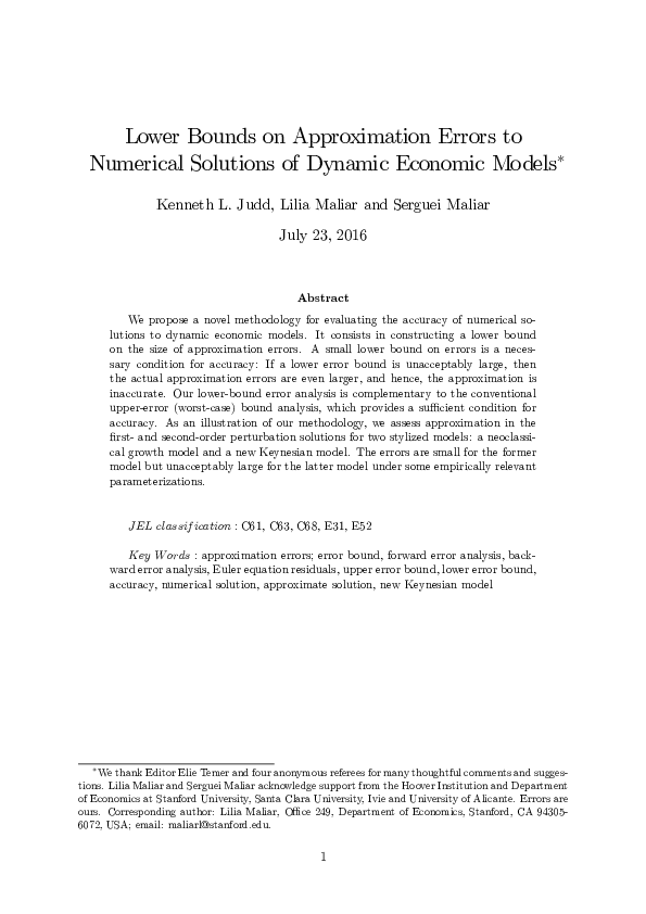 Pdf Lower Bounds On Approximation Errors To Numerical Solutions Of Dynamic Economic Models
