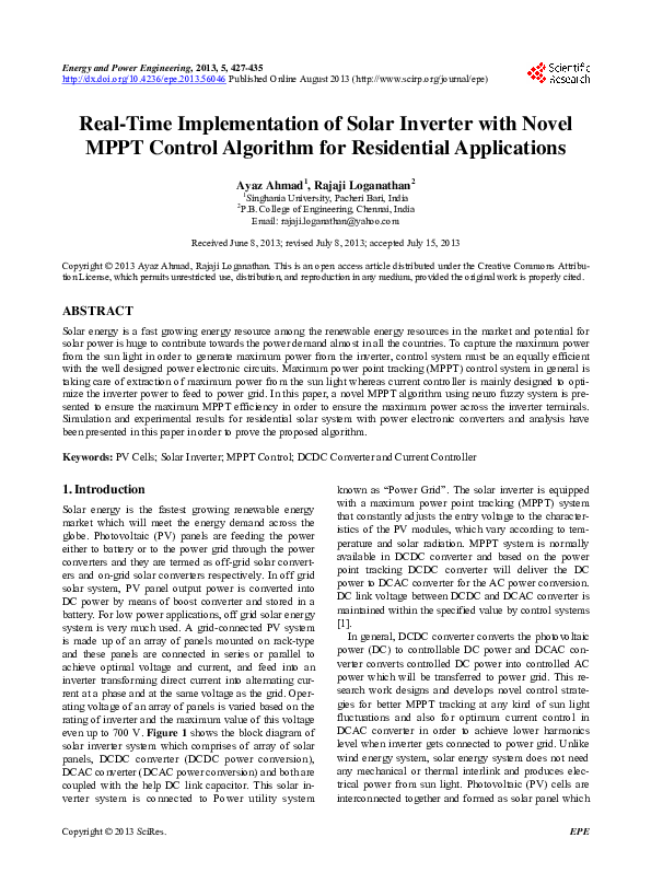 Pdf Real Time Implementation Of Solar Inverter With Novel Mppt Control Algorithm For