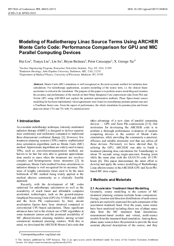 (PDF) Modeling of Radiotherapy Linac Source Terms Using ARCHER Monte Carlo Code: Performance ...