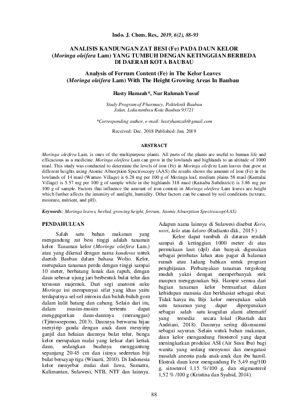 (PDF) ANALISIS KANDUNGAN ZAT BESI (Fe) PADA DAUN KELOR (Moringa oleiferaLam.) DI DESA KEPOSONG ...