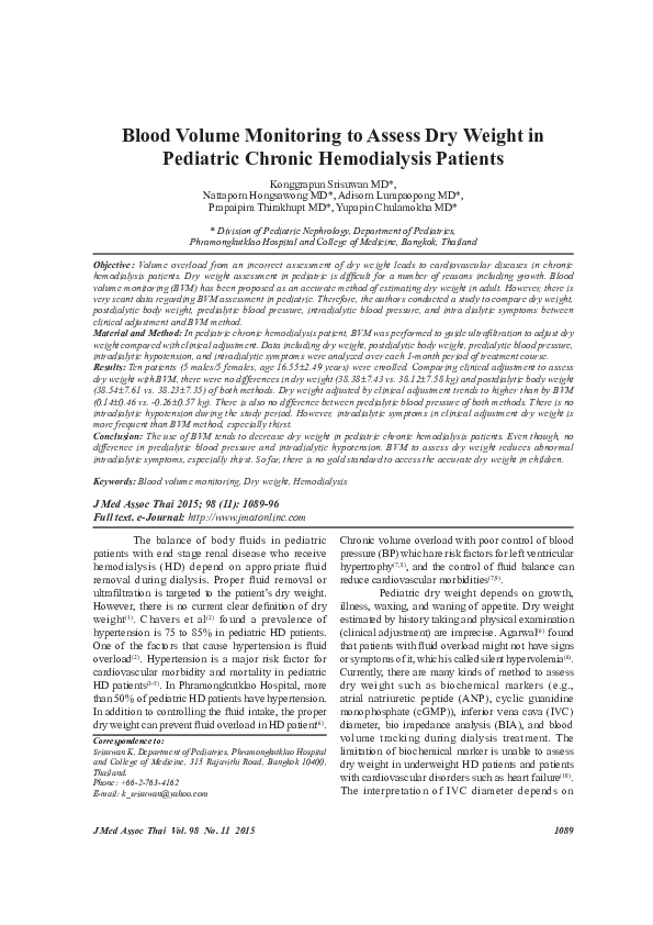 (PDF) Blood Volume Monitoring to Assess Dry Weight in Pediatric Chronic ...