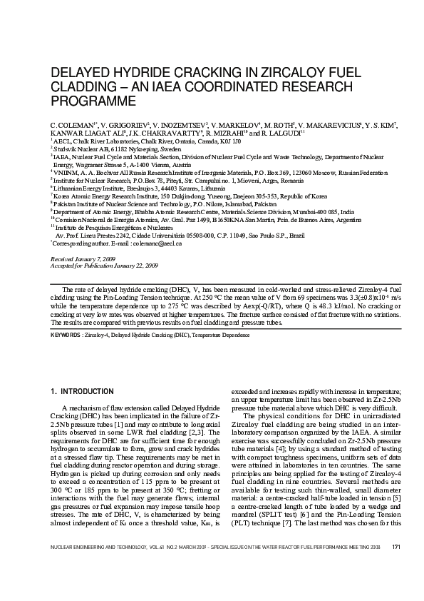 (PDF) Delayed Hydride Cracking in Zircaloy Fuel Cladding - an Iaea ...
