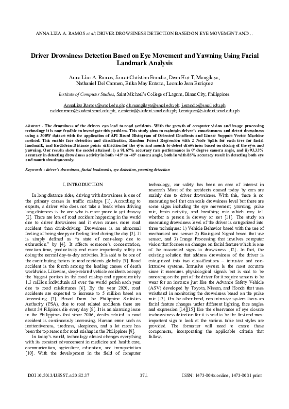 Pdf Driver Drowsiness Detection Based On Eye Movement And Yawning Using Facial Landmark Analysis
